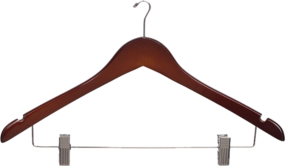 Contoured Walnut Anti-Theft Wood Hanger with Chrome Clips